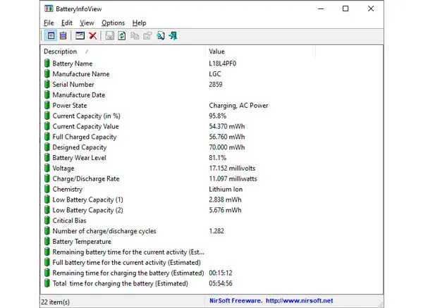 Monitorea la batería de tu ordenador portátil con BatteryInfoView ...