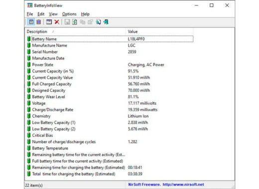 Monitorea la batería de tu ordenador portátil con BatteryInfoView ...
