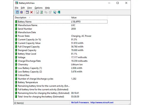 Monitorea la batería de tu ordenador portátil con BatteryInfoView ...